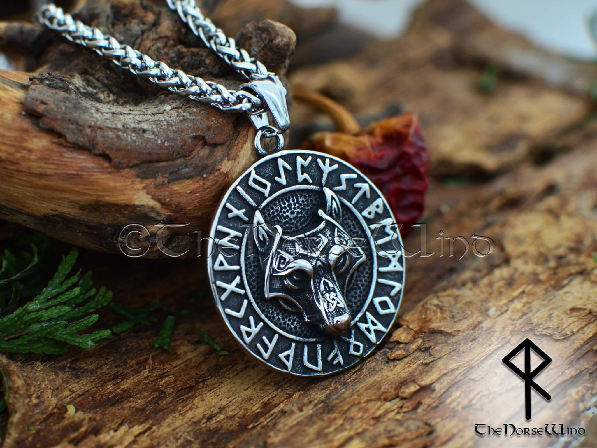 Fenrir Wolf Viking Necklace, Steel Norse Runes Pendant | TheNorseWind