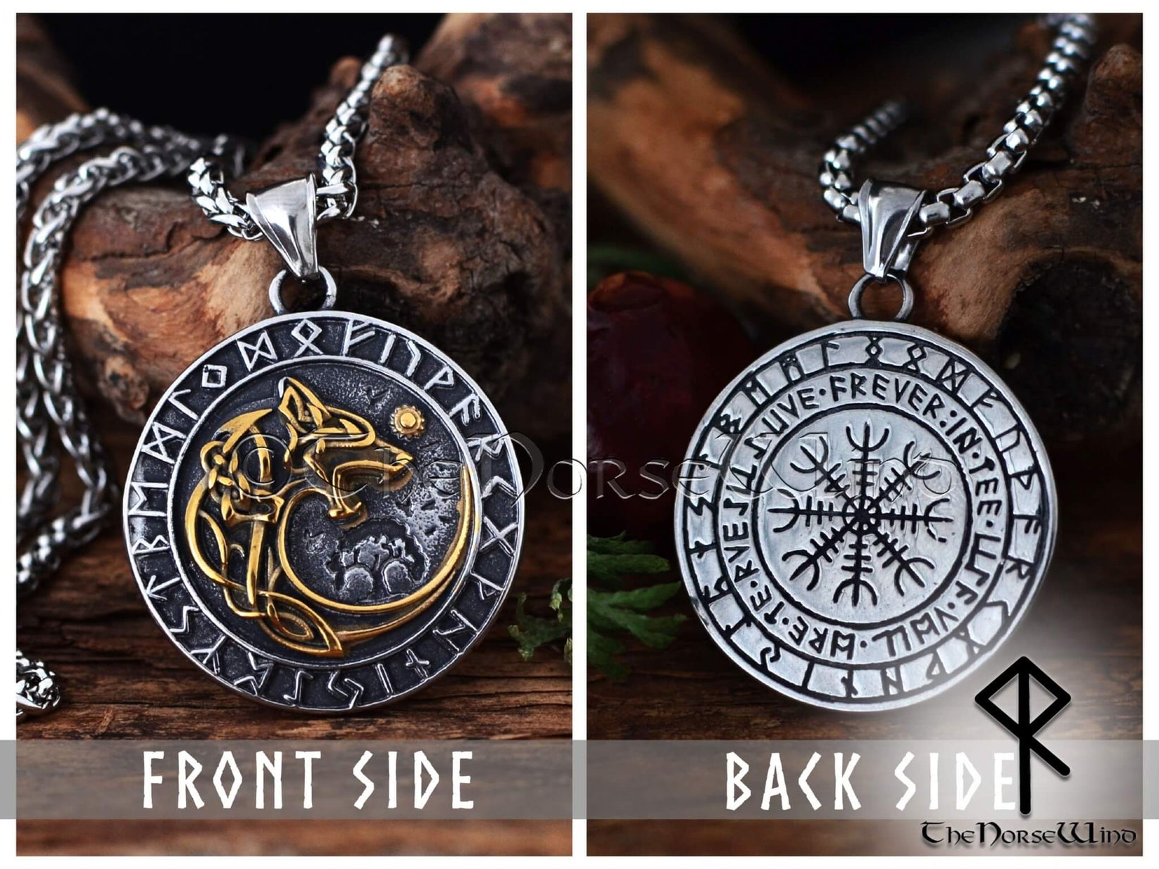 Fenrir Wolf Viking Runes Necklace, Silver/Gold Pendant |The Norse Wind