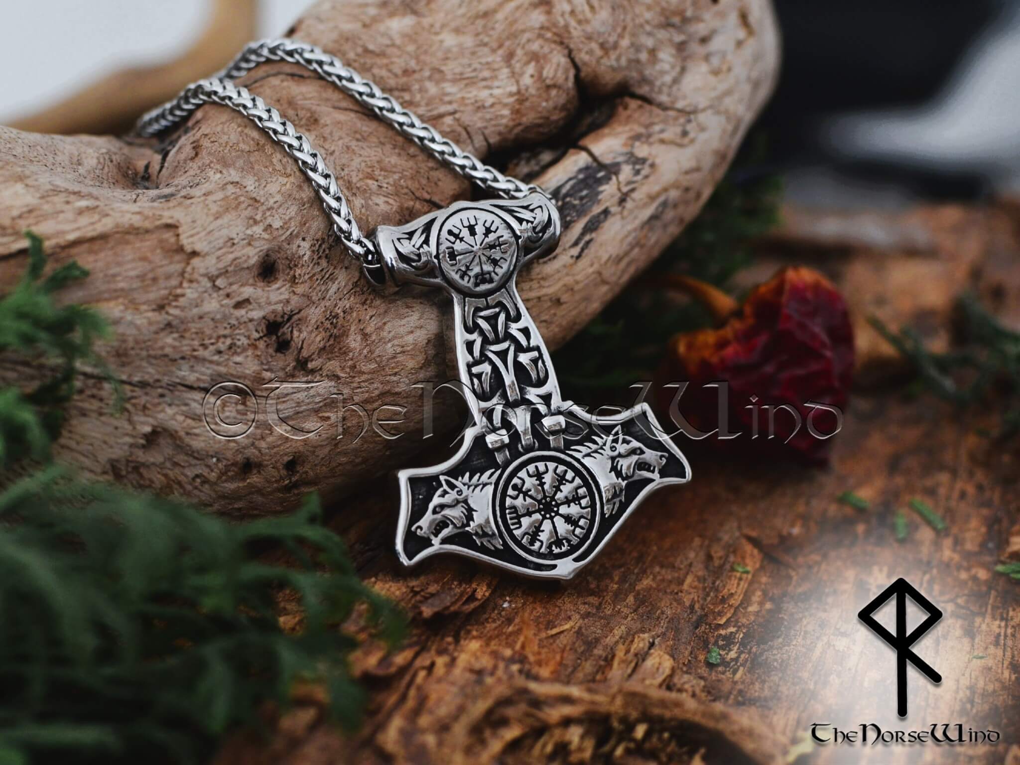 Thor's Hammer Geri & Freki Viking Necklace, Wolf Mjolnir Pendant ...